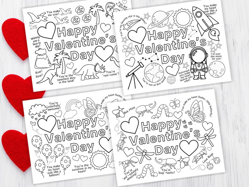 Valentines Day Coloring Placemats, Classroom Valentine, Bugs, Dinosaurs ...