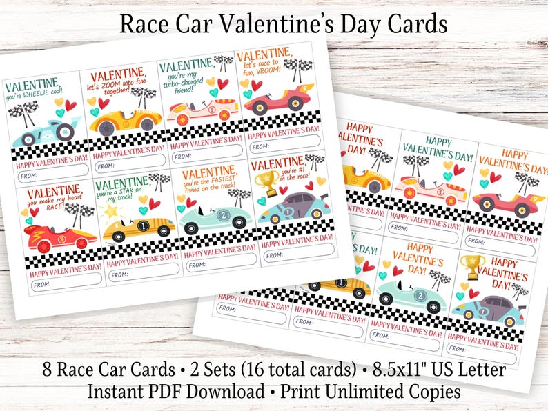 Race Car Valentine's Day Cards, Printable Classroom - Preschool ...