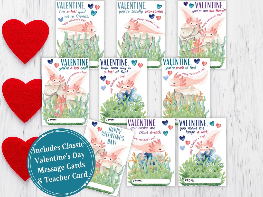 Axolotl Valentines Day Cards Printable, Kindergarten Classroom ...