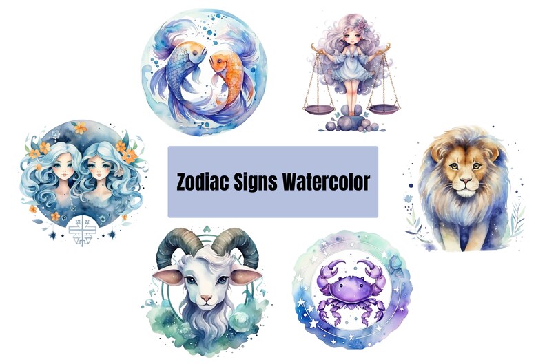 Zodiac Signs Blue Tone Watercolor Clipart Transparent Background PNG ...