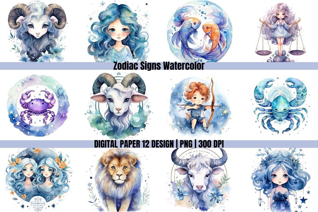 Zodiac Signs Blue Tone Watercolor Clipart Transparent Background PNG ...