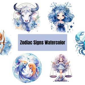 Zodiac Signs Blue Tone Watercolor Clipart Transparent Background PNG ...