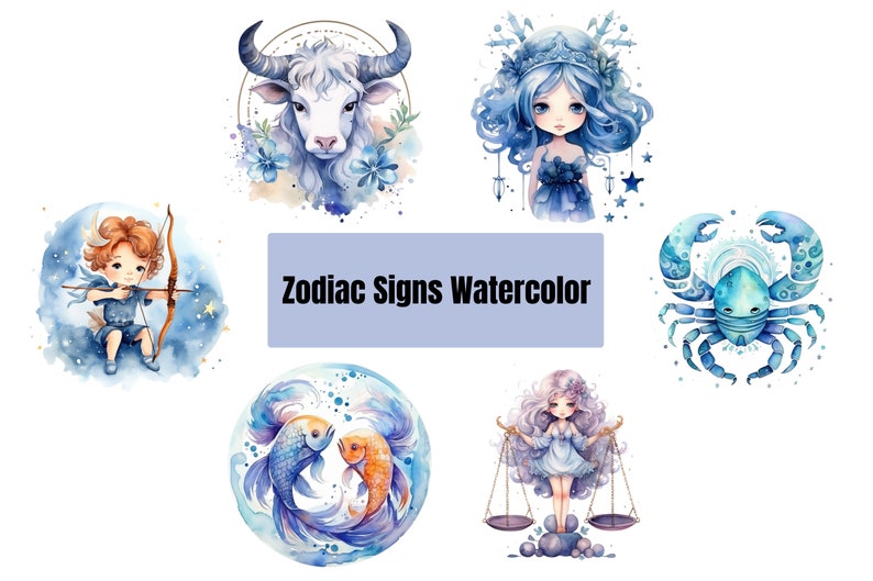 Zodiac Signs Blue Tone Watercolor Clipart Transparent Background PNG ...