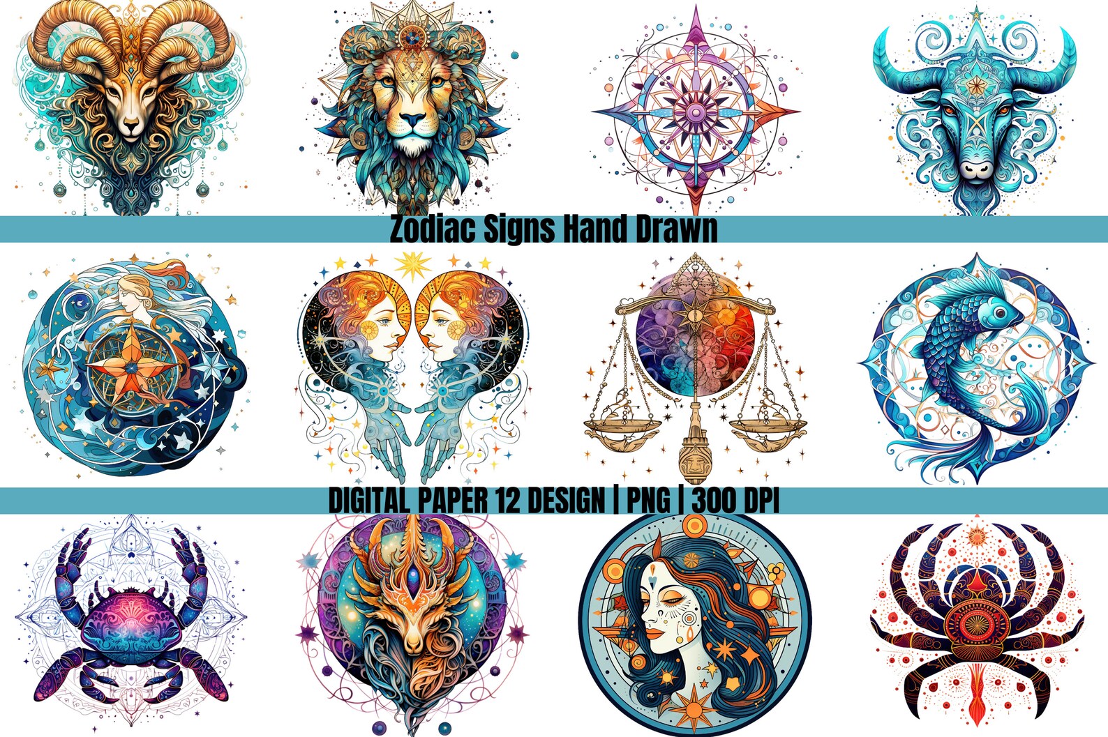 Zodiac Signs Hand Drawn Watercolor Clipart Transparent Background PNG ...