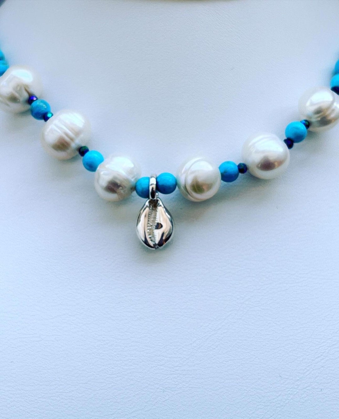 Silver Cowrie Shell Pendant on Gem Stone Bead Necklace. - Etsy