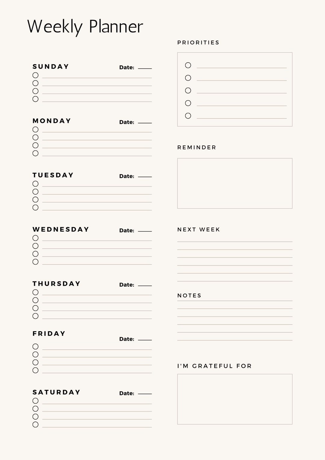 Weekly Planner One Page (PDF) - Etsy