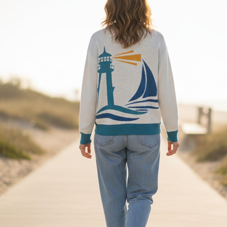 Personalized Lighthouse Cardigan Coastal Knit Sweater Nautical Jacquard ...