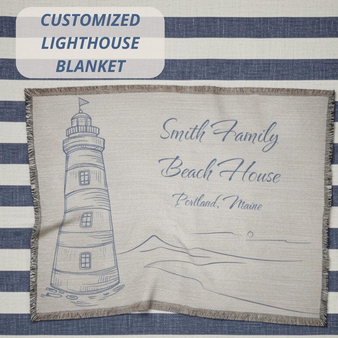 Custom Lighthouse Blanket Personalized Woven Cotton Throw Coastal Bed ...
