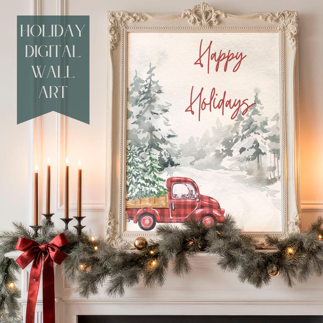 Happy Holidays Truck Wall Art Christmas Red Truck Digital Download ...