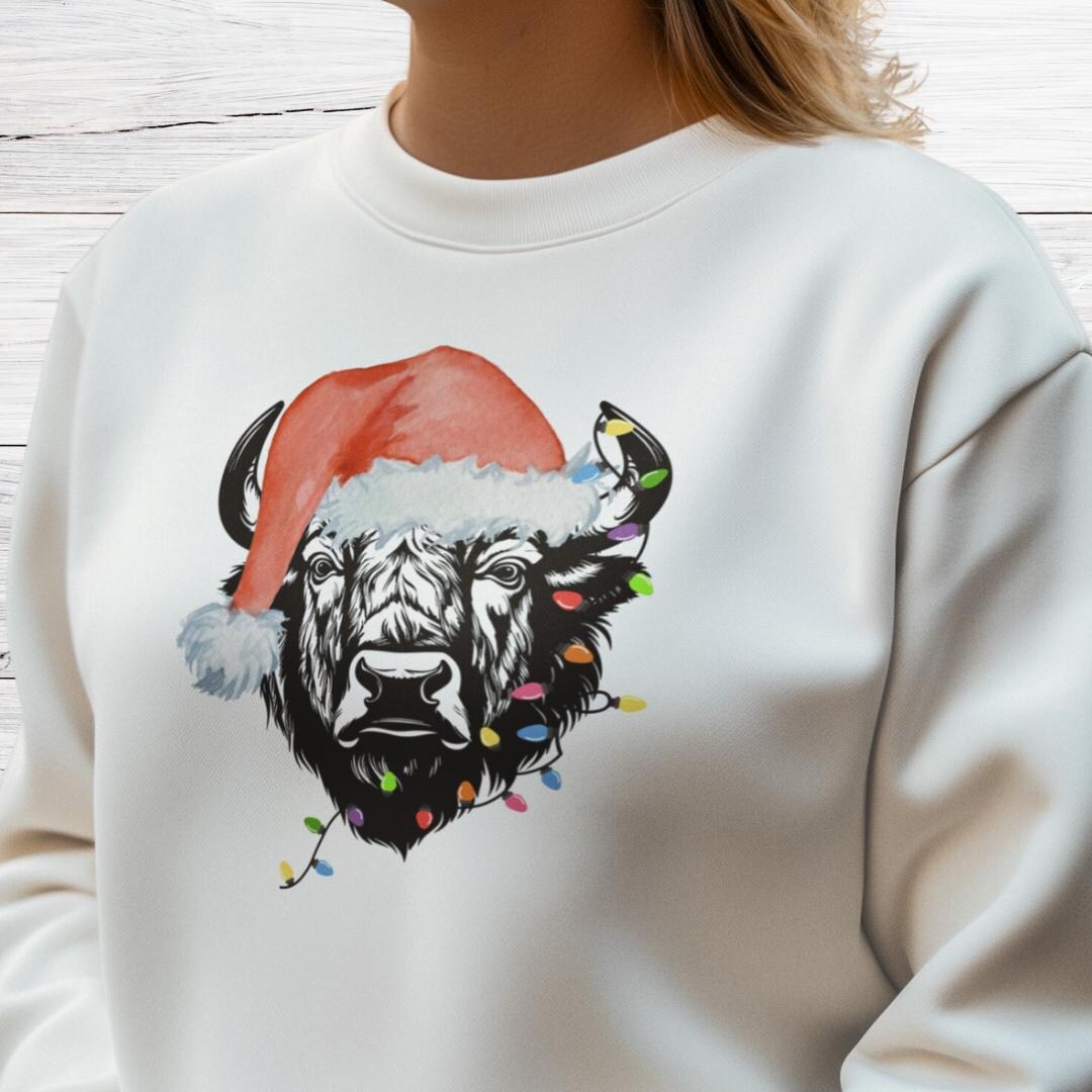 Bison Sweatshirt, Bison Christmas Crewneck Sweater, Christmas Lights ...