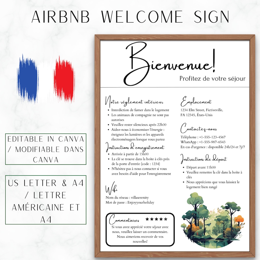 Forest-themed Welcome Sign Template for Vacation Rentals in French ...