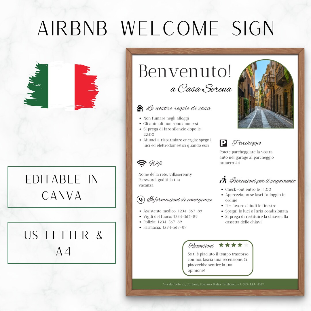 Italian Welcome Sign for Airbnb & VRBO Hosts, Vacation Rental Printable ...