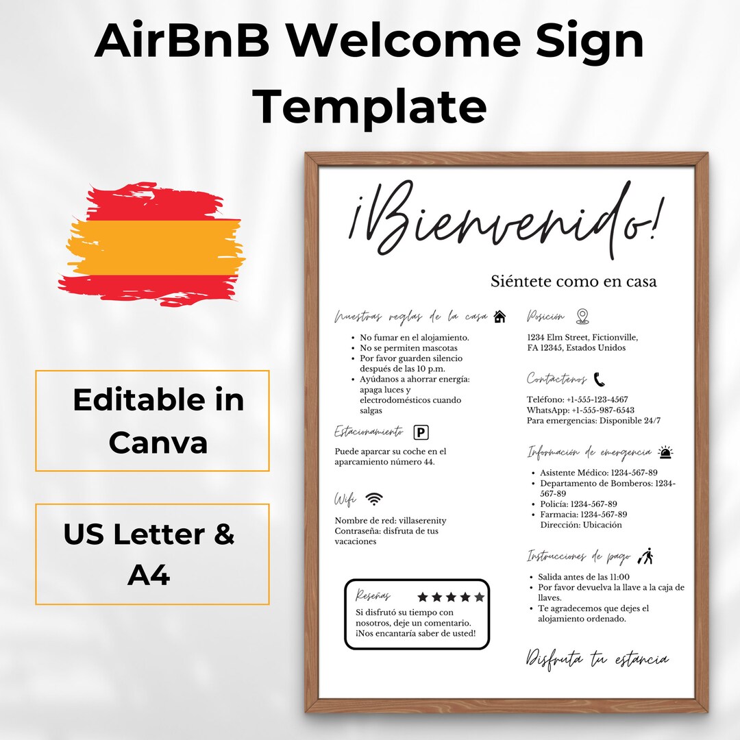 Spanish Welcome Sign for Airbnb & VRBO Hosts, Vacation Rental Printable ...
