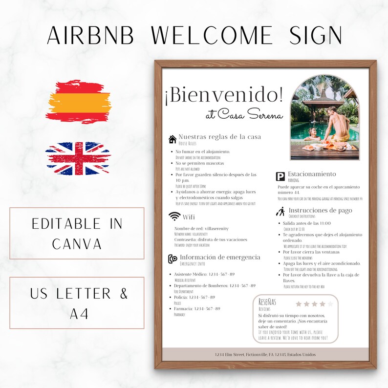 Spanish Welcome Sign for Airbnb & VRBO Hosts, Vacation Rental Printable ...