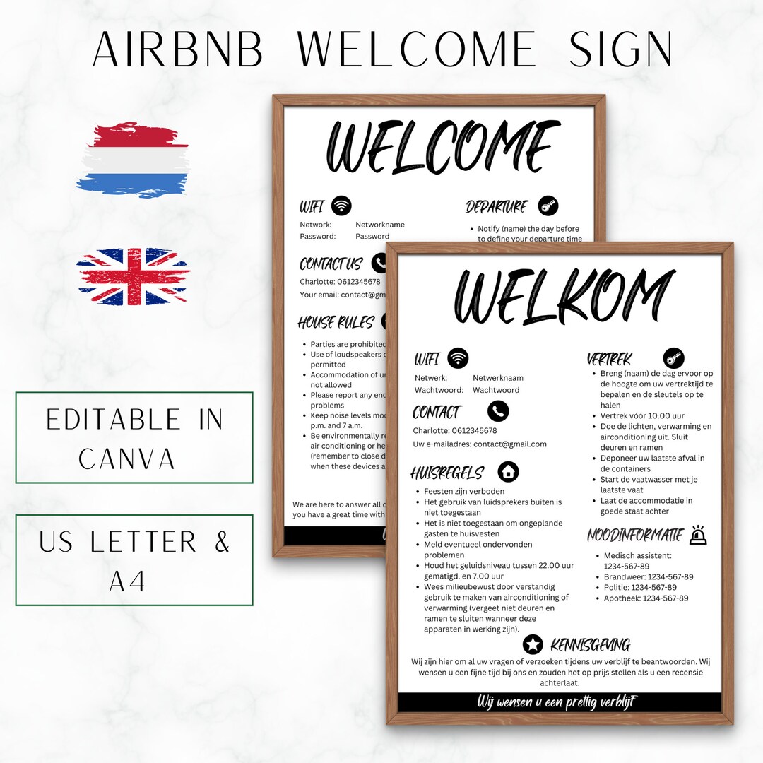 Airbnb Welcome Sign in Dutch and English, VRBO Hosts, Vacation Rental ...