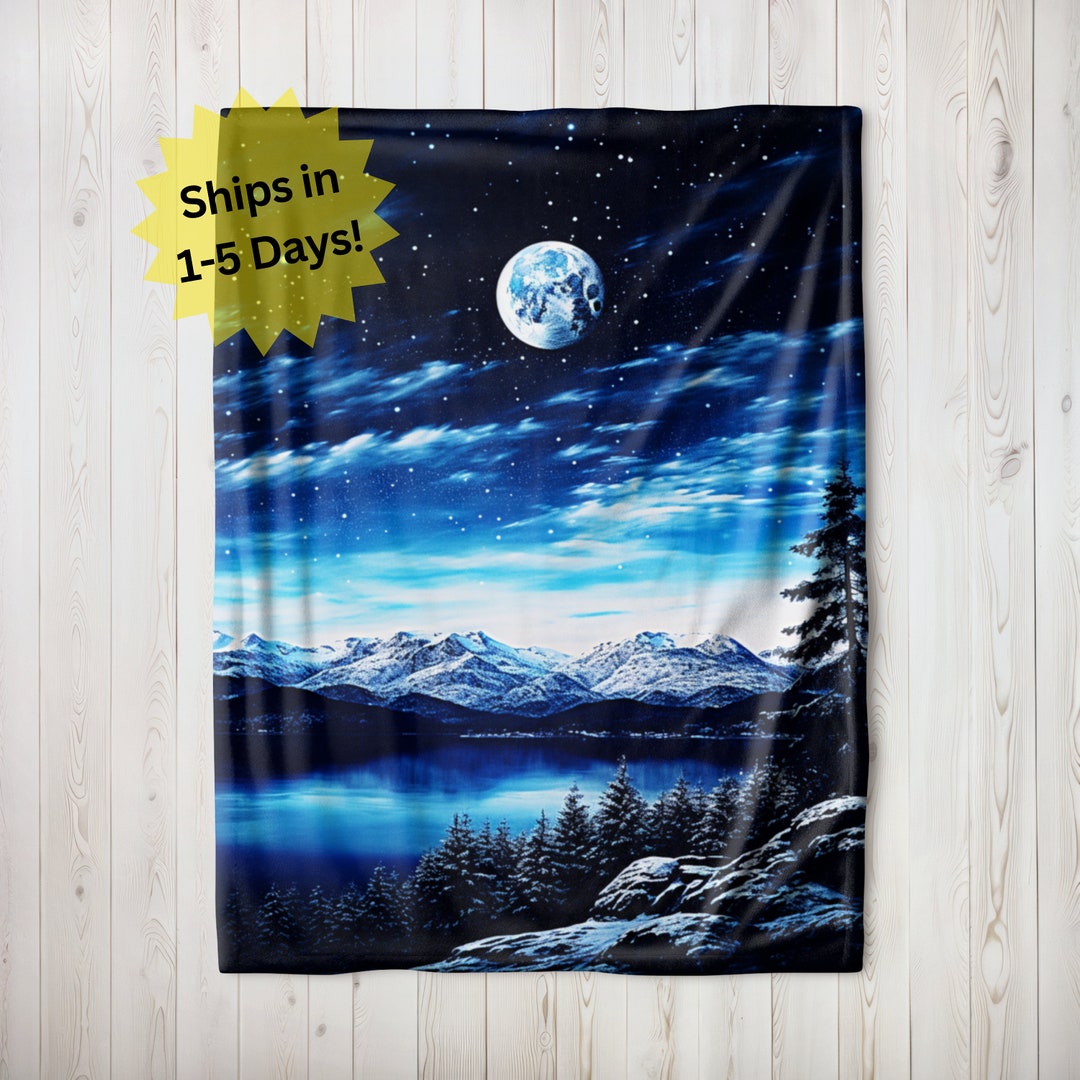 Full Moon Winter Scene Plush Blanket, Velveteen Plush Blanket, Sherpa ...