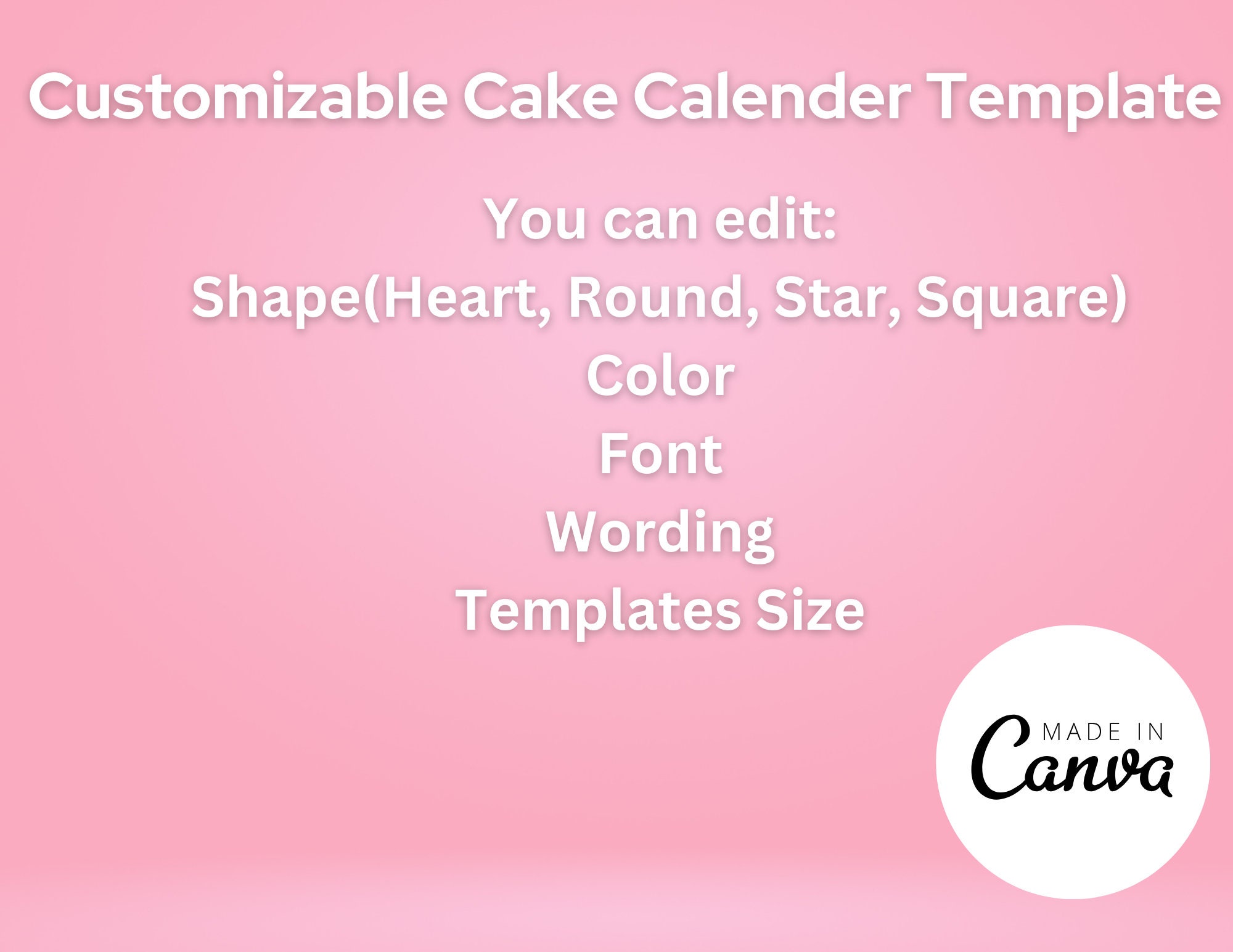 CANVA DIGITAL TEMPLATE 2024 Cake Calendar for All Cake Shapes|fun ...