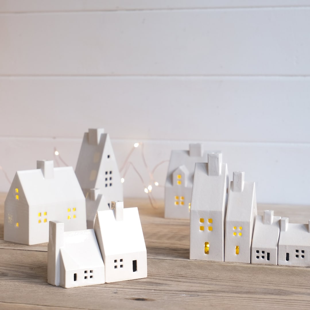 Ceramic Village Pottery Houses Ornaments, Set of Houses, Ceramic LED ...