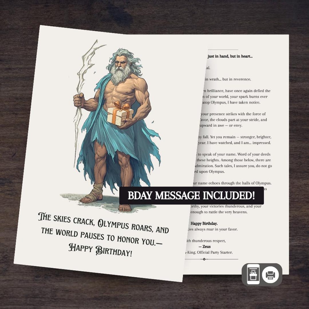 Zeus Birthday Card – Digital Greek God Greeting – With Text – Printable ...