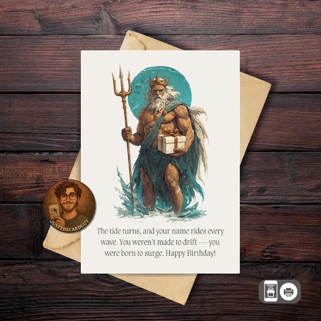 Poseidon Birthday Card: Greek Mythology Greeting (PNG & PDF Digital ...