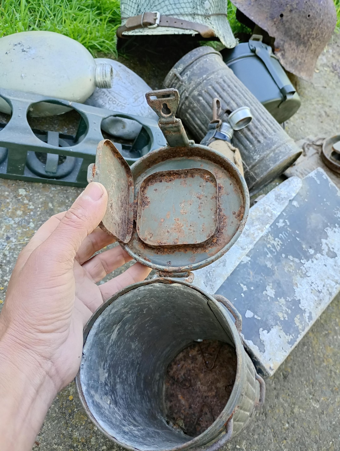 Original Military Metal Gas Mask Container Case Box SIGNED Soldier ...