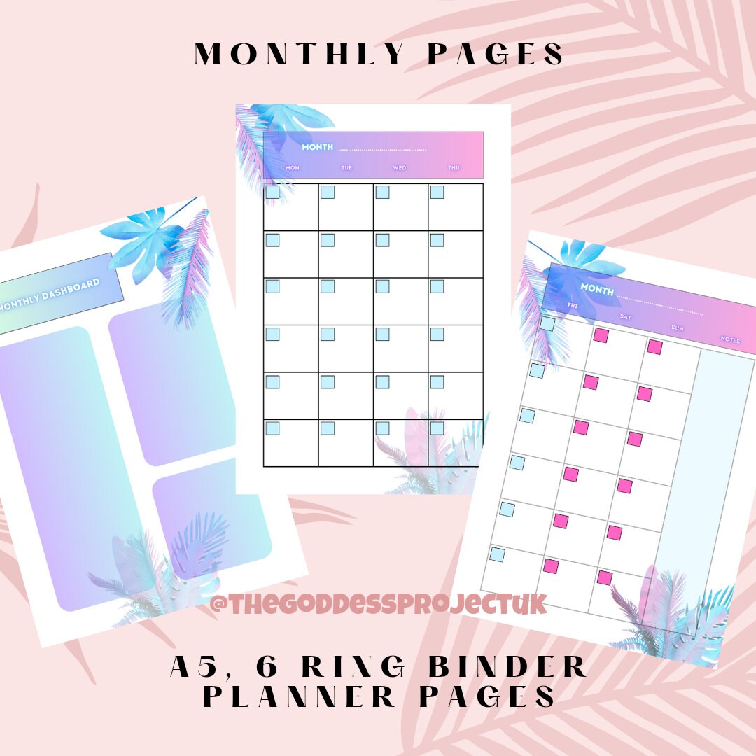 Undated Planner Pages A5 Binder Pre Punched Pages 6 Ring Binder Monthly ...