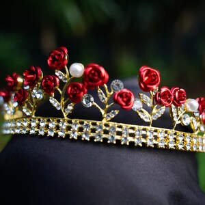 Red Rose Tiara Bridal Crown Birthday Wedding Gift Diadem Gold Diamond ...