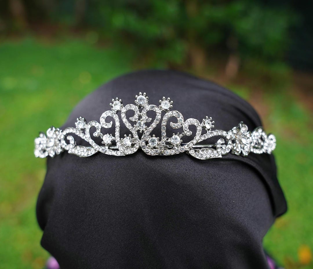 Demure Dainty Vintage Silver Tiara Crystal Bridal Birthday Wedding Gift Diadem Prom Metal Small ...