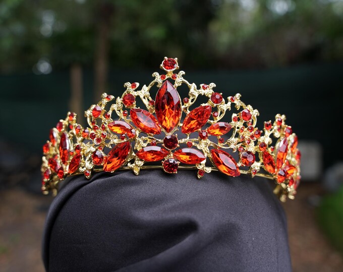 Bright Red Crystal Tiara Set Bridal Crown Birthday Wedding Gift Diadem ...