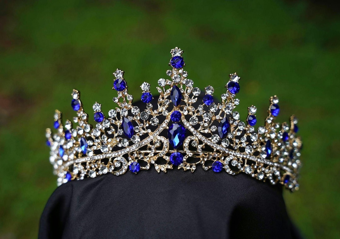 Royal Blue Crystal Tiara Bridal Gold Crown Birthday Wedding Gift Diadem ...