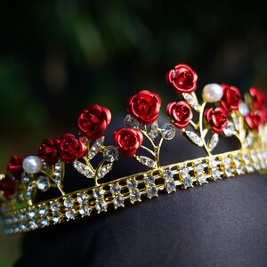 Red Rose Tiara Bridal Crown Birthday Wedding Gift Diadem Gold Diamond ...