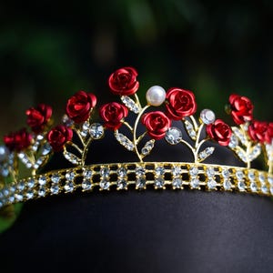 Red Rose Tiara Bridal Crown Birthday Wedding Gift Diadem Gold Diamond ...