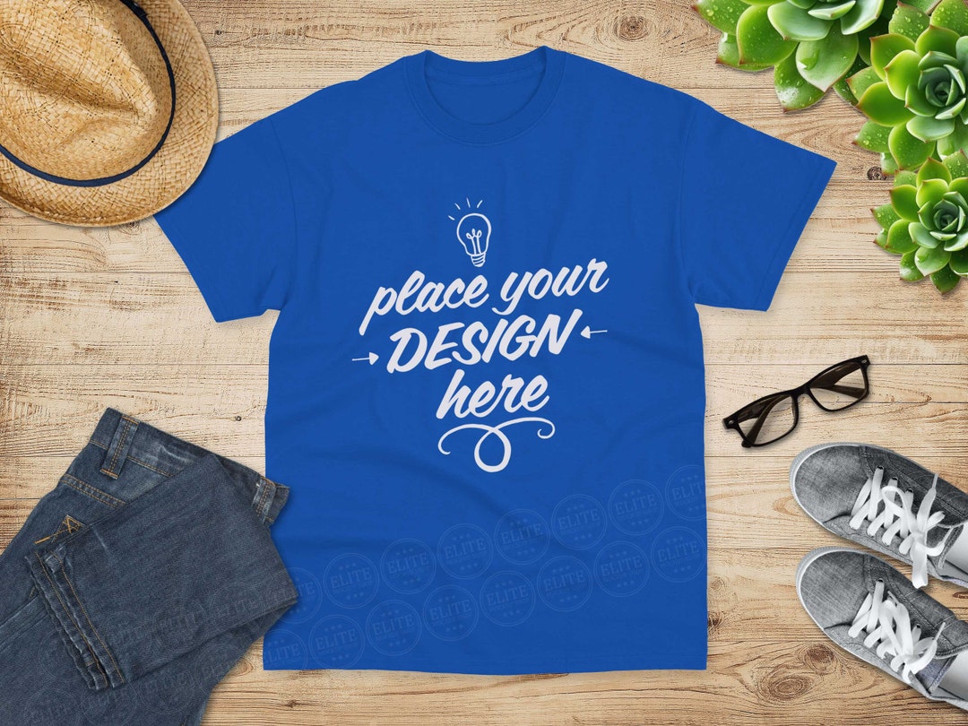 Gildan 5000 Mockup Neon Blue, Front T-shirt Mockup, Flat Lay Mockup ...