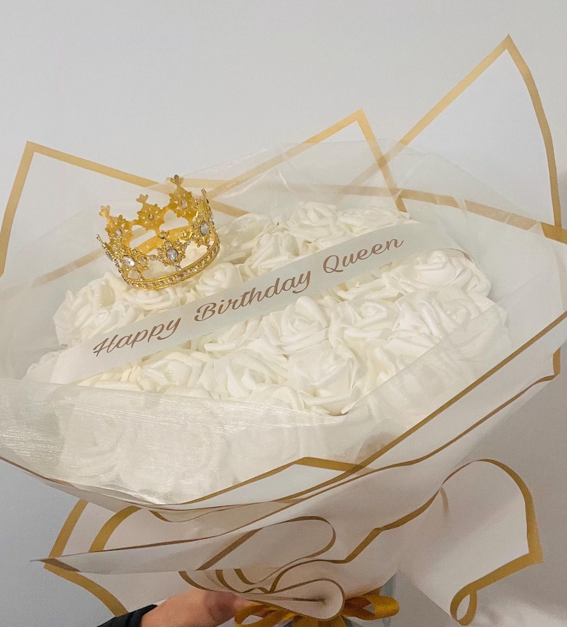 White Glitter Rose Personalised Bouquet Flowers White Gold Birthday ...