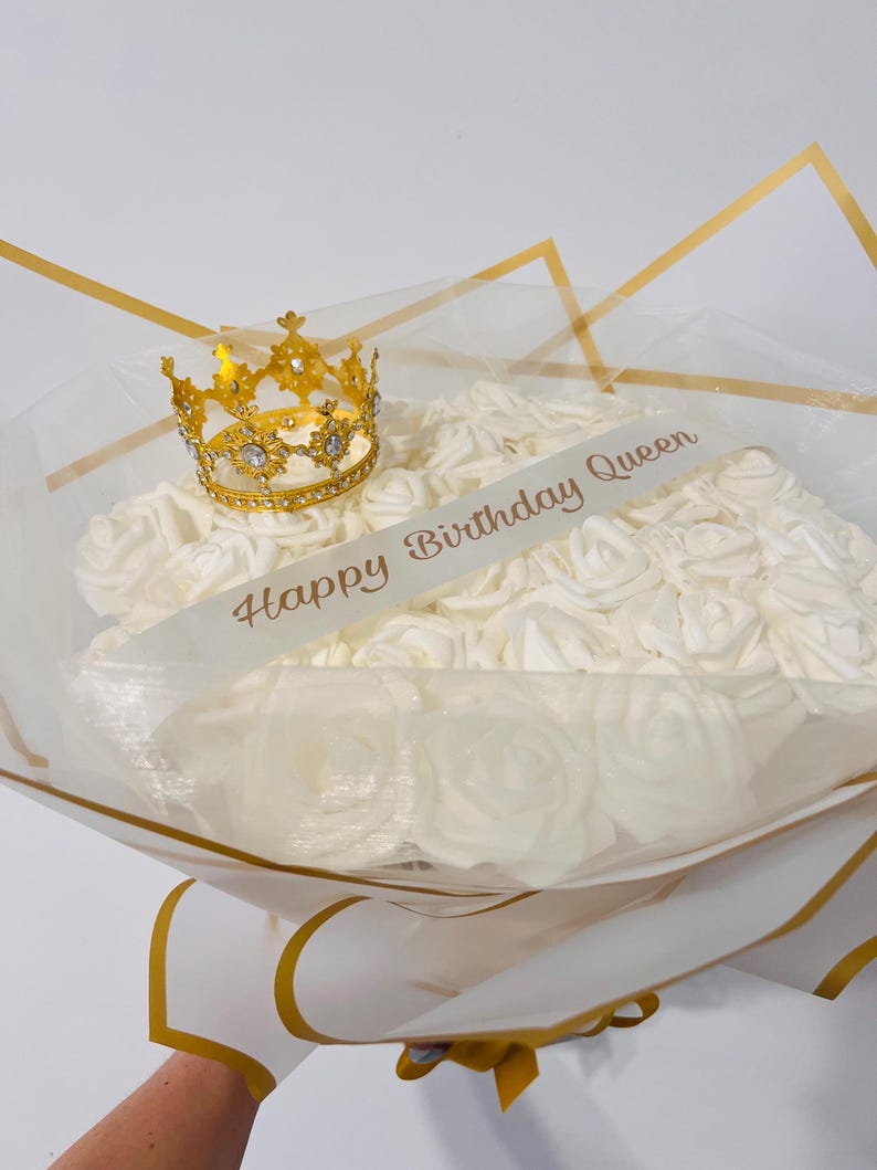 White Glitter Rose Personalised Bouquet Flowers White Gold Birthday ...