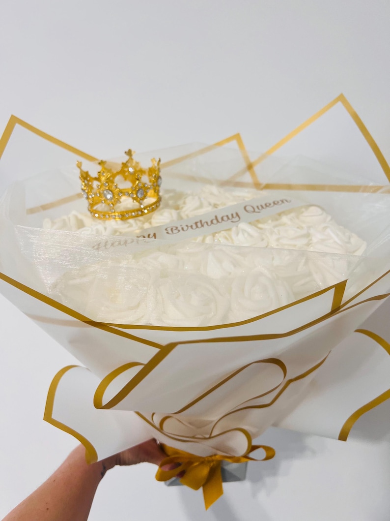 White Glitter Rose Personalised Bouquet Flowers White Gold Birthday ...