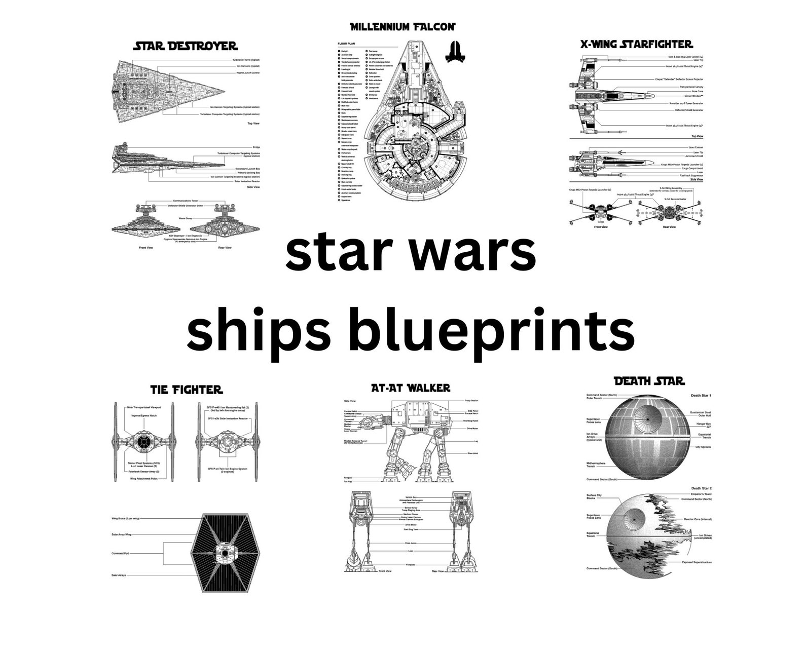 Star Wars Set Of 6 Spaceships Blueprints Png Files Etsy
