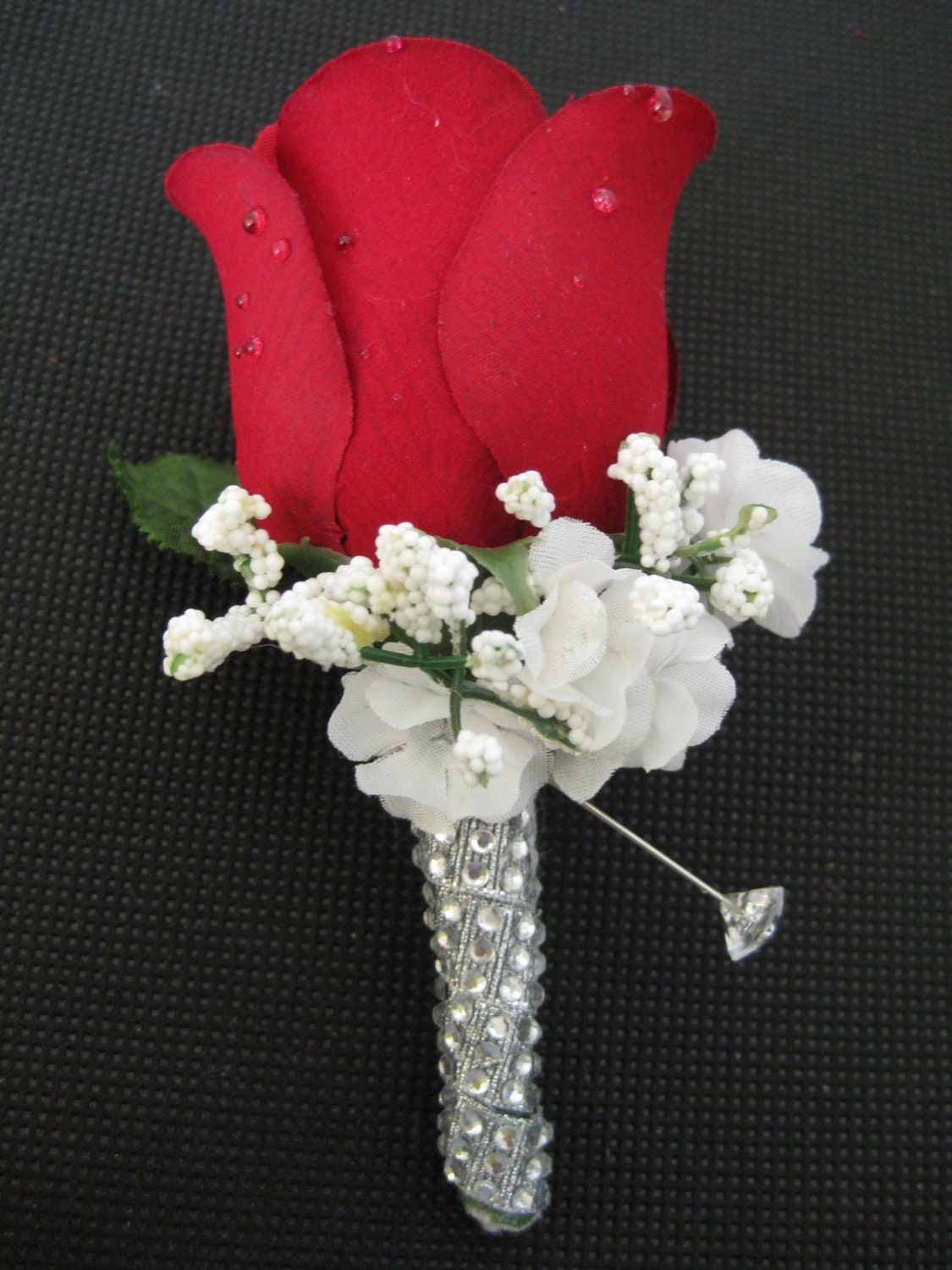 RED Wedding Groom Rose Bud Silk Flower Boutonniere Crystal Rhinestone ...