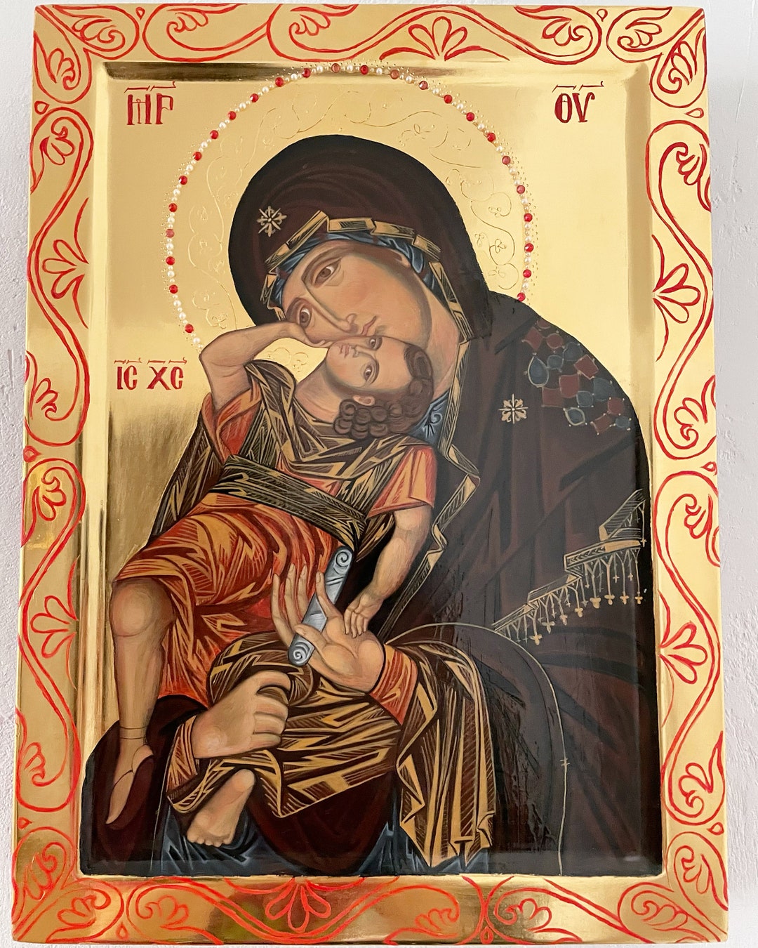 Byzantine Icon Hand Painting Virgin Mary With Child/23,75kt Gold Leaf ...