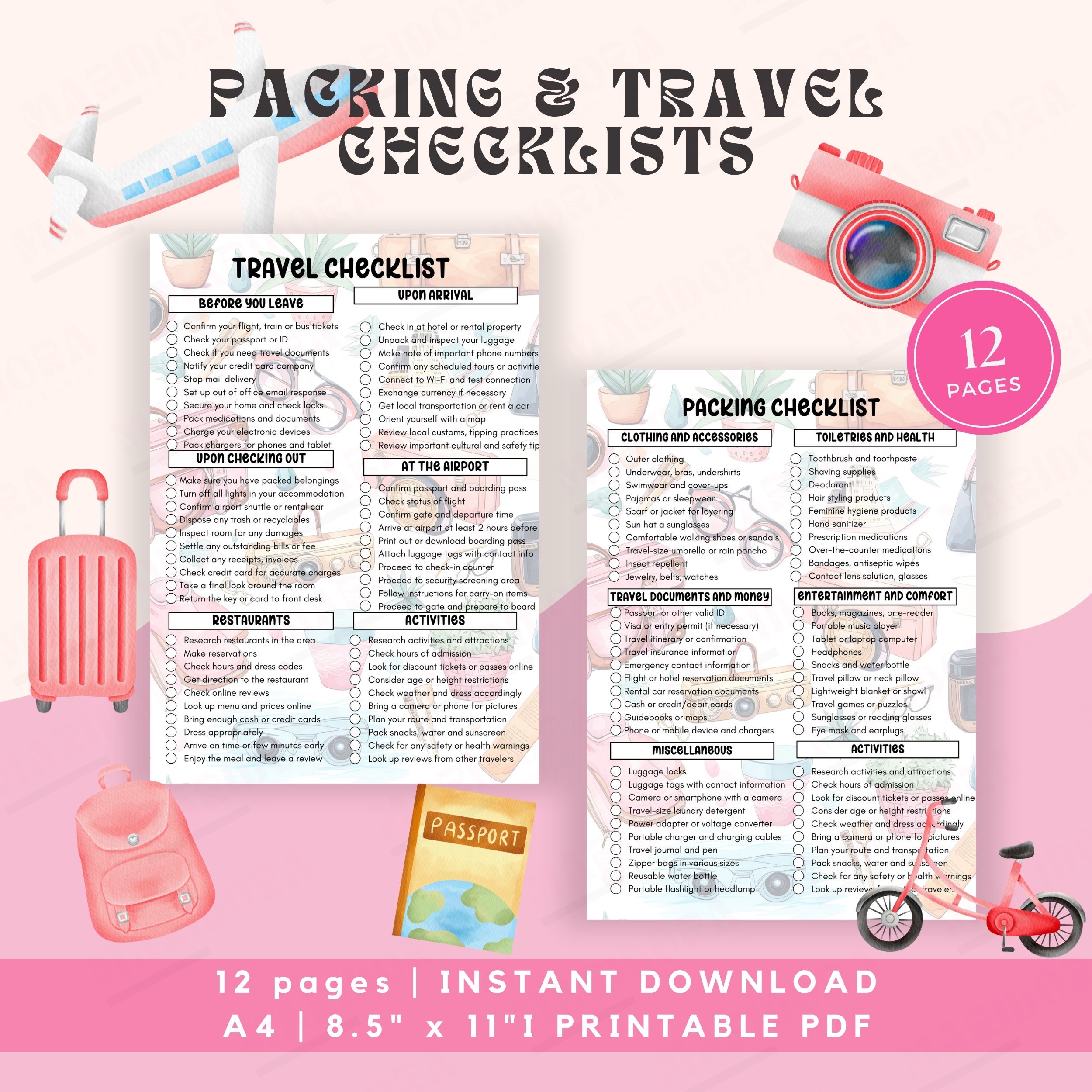 Travel Packing Checklist, Instant Download Vacation Trip Packing List ...