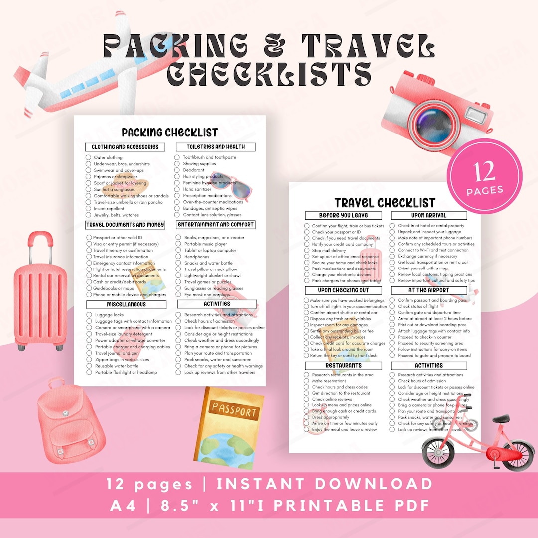 Travel Packing Checklist, Instant Download Vacation Trip Packing List ...