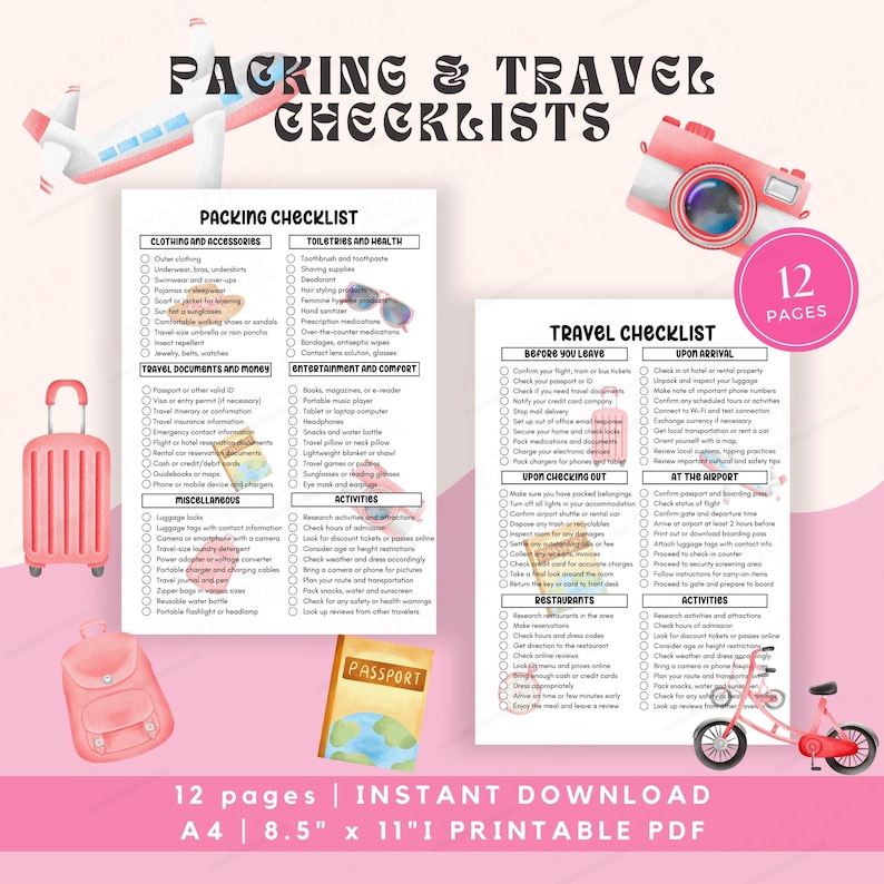 Travel Packing Checklist, Instant Download Vacation Trip Packing List ...