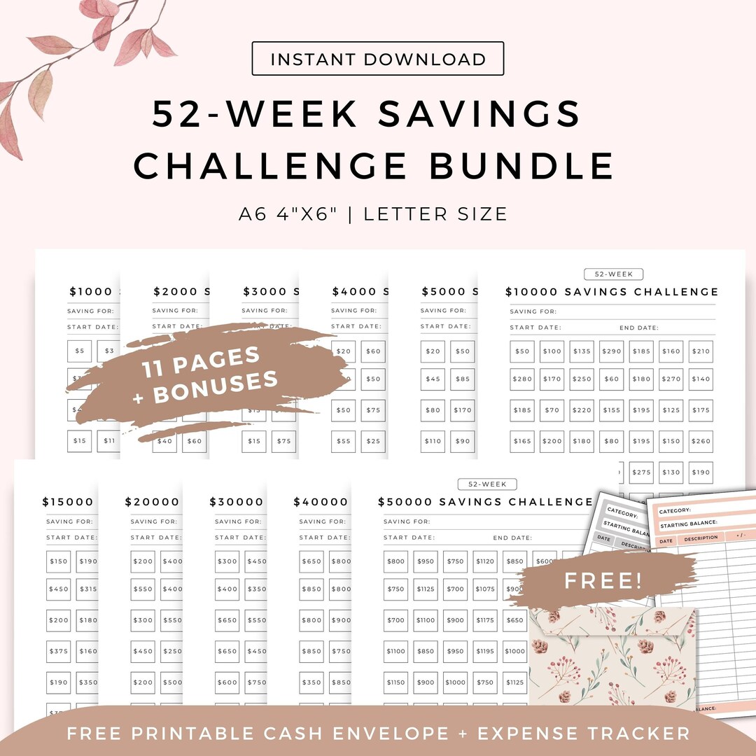 52 Week Savings Challenge Kit 52 Week Challenge Printable 52 Week ...