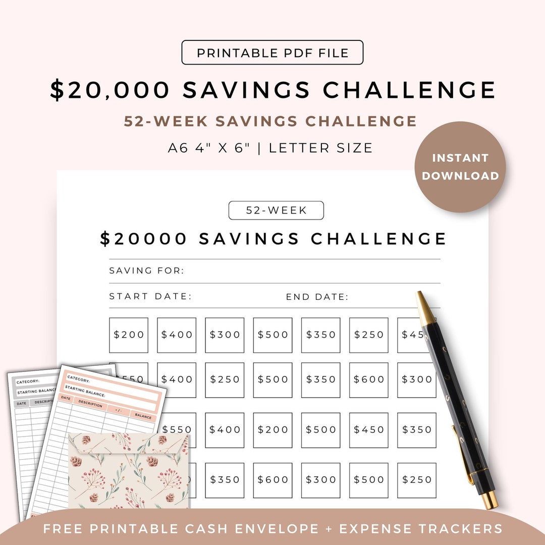 20,000 Savings Challenge 20k Savings Challenge 52 Week Savings ...