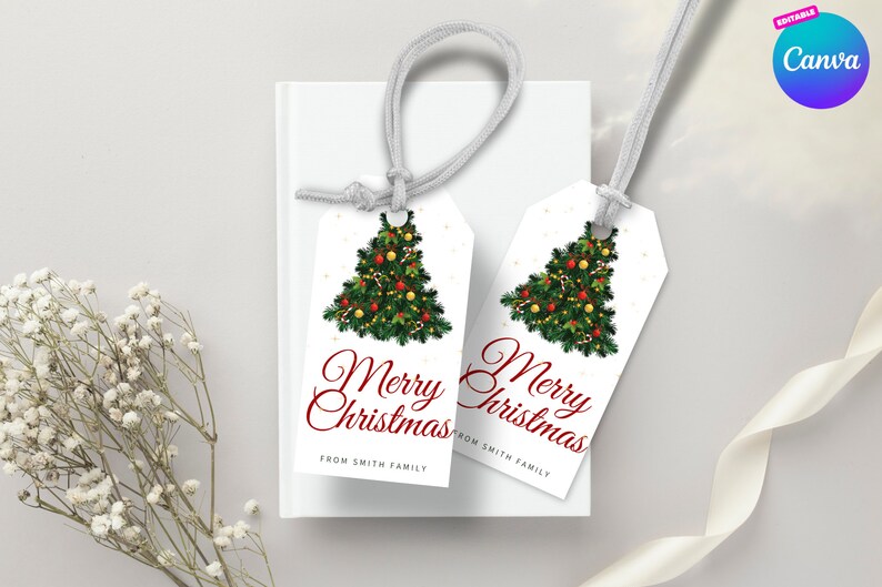Editable Christmas Tree Gift Tag, Holiday Favor Tag, Merry Christmas ...