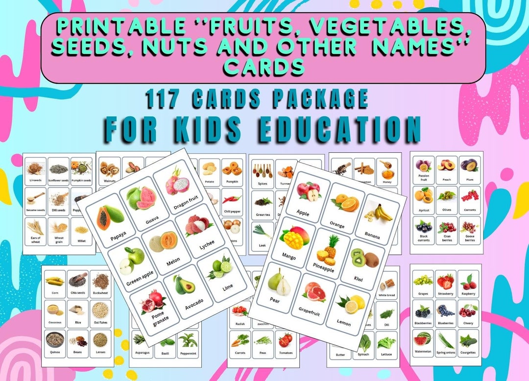 Printable Kids Learning Cards, Vegetables, Fruits, Seeds, Nuts and ...