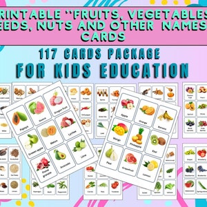 Printable Kids Learning Cards, Vegetables, Fruits, Seeds, Nuts and ...