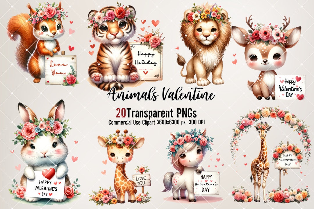 Watercolor Cute Animal Clipart, 20 PNG Valentines Day Clipart, Romantic ...