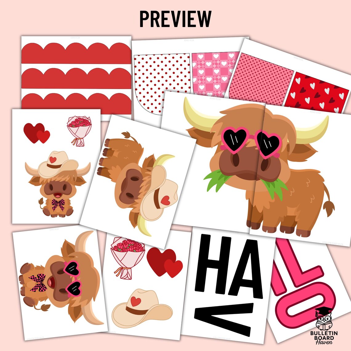 Highland Cow Valentine’s Day Bulletin Board Kit, Farmhouse Classroom ...