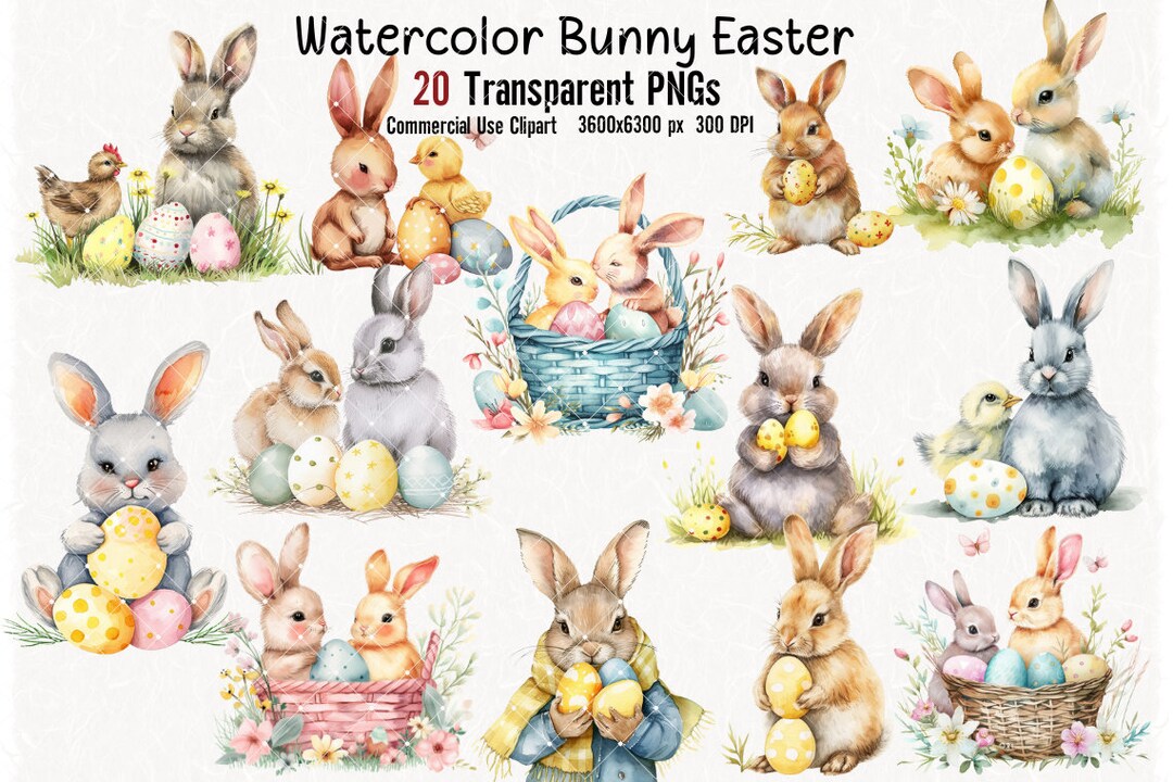 Watercolor Bunny Easter Collection Clipart, 20 PNG Easter Clipart ...